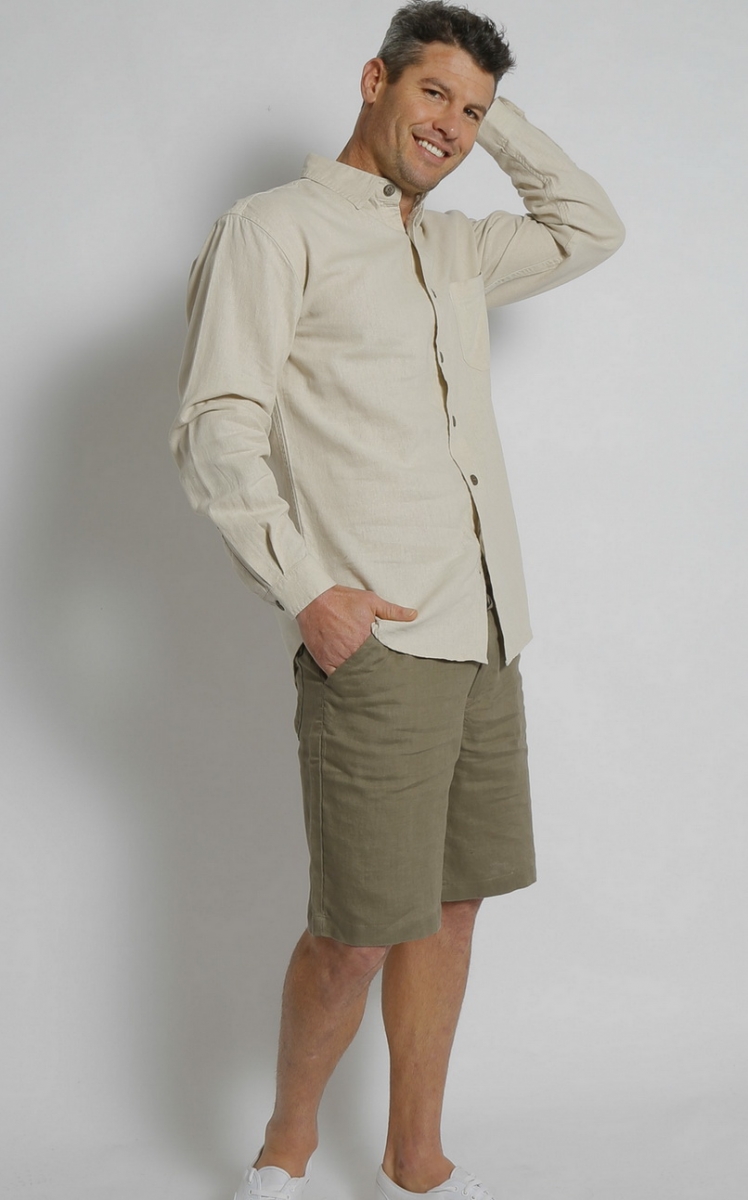 Mens Premium Hemp Relax Fit Long Sleeve Shirt-Bone - Braintree Hemp