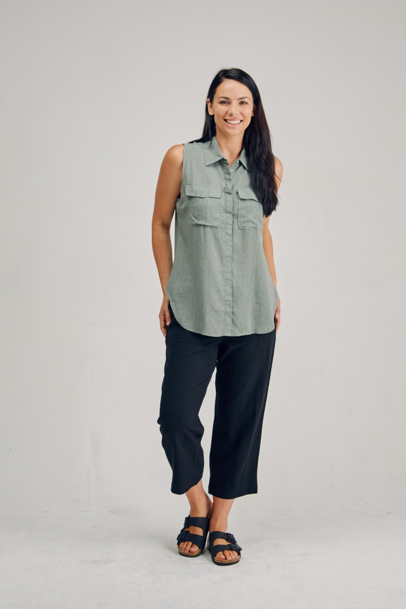 Ladies' Bamboo Hemp Sleeveless Shirt-Khaki - Braintree Hemp