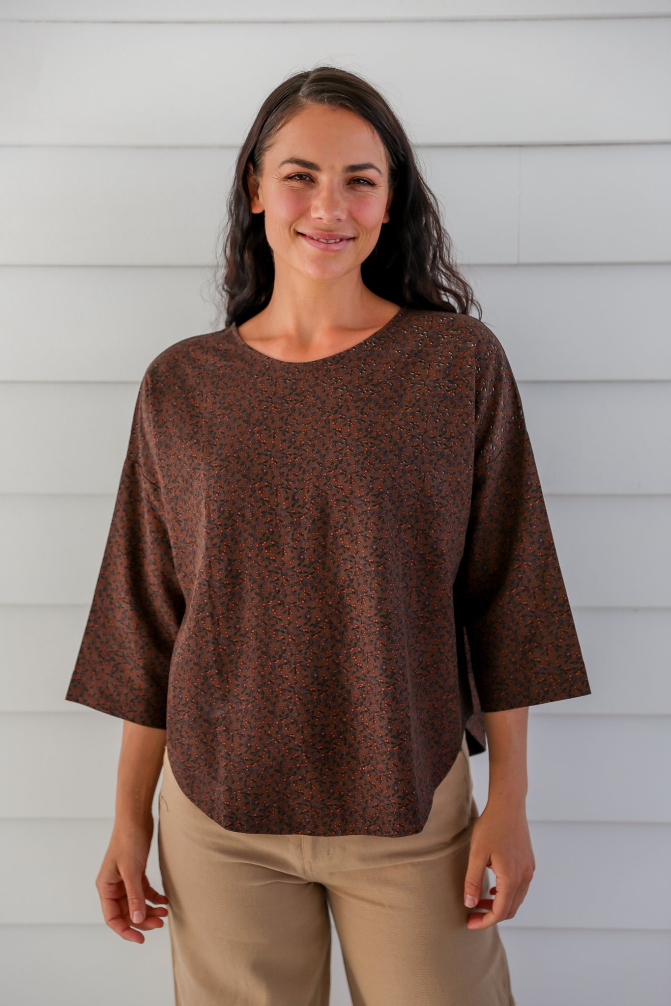 Ladies' Hemp Cotton Sahara Top-Brown Print - Braintree Hemp