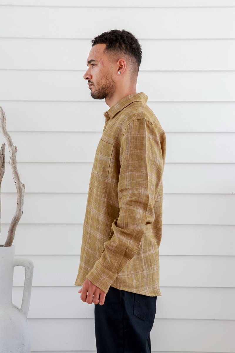 Men's 100%Hemp Check Long Sleeve Shirt-Warm Olive - Braintree Hemp