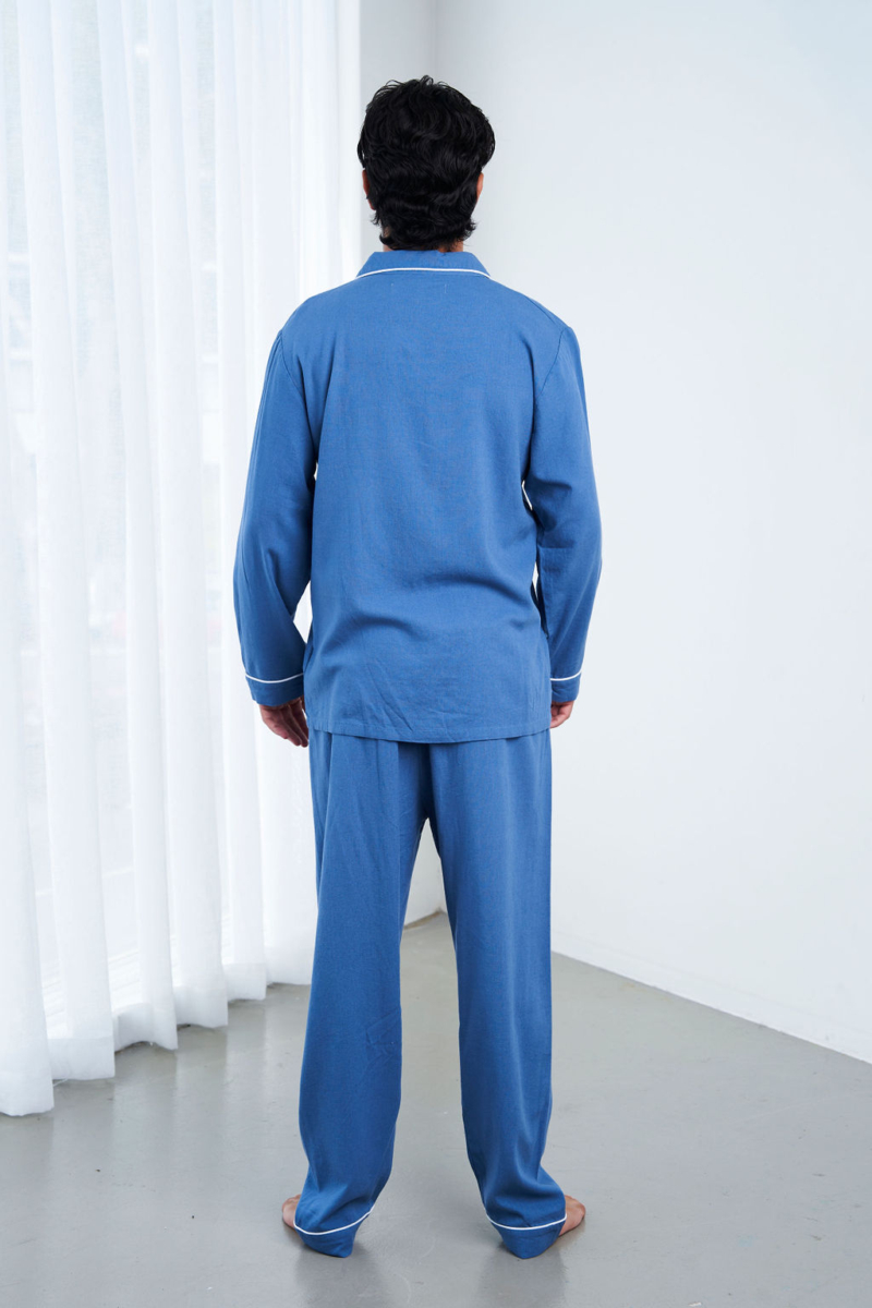 Unisex Hemp Rayon Long Sleeves Pajama Set-Blue - Braintree Hemp